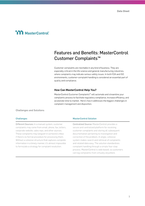 MasterControl Customer Complaints
