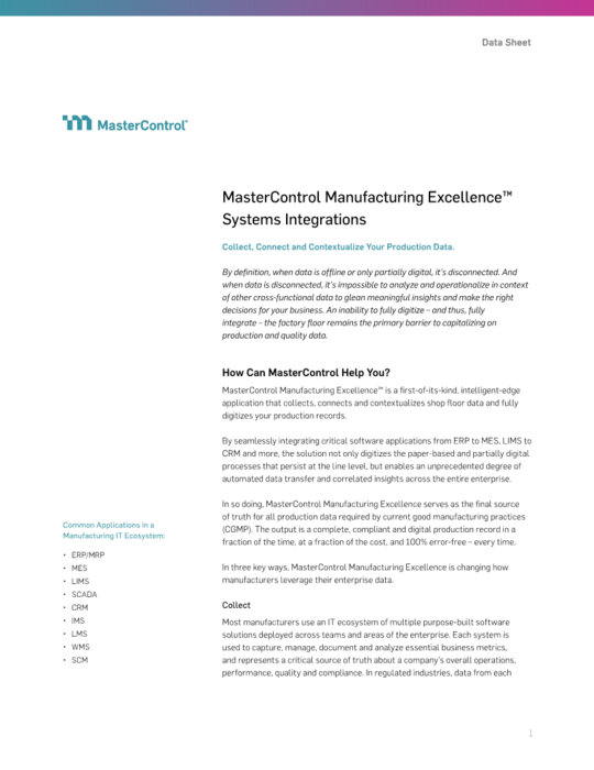 MasterControl Manufacturing Excellence Systems Integrations